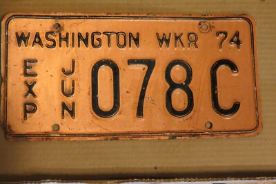 Vintage WASHINGTON Tax Exempt ORANGE Worker License Plate, 1974 Jun ...