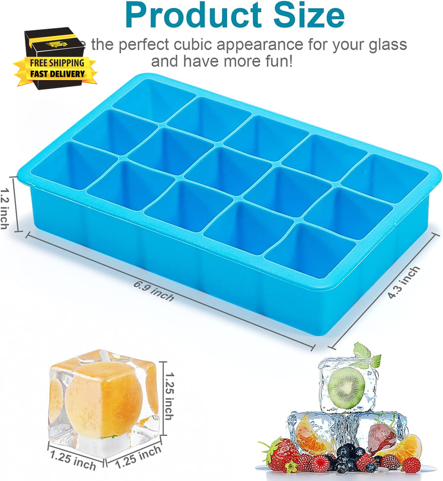 2 Pack Ice Cube Trays, Silicone Easy Release Flexible Molds 15 Ice ...