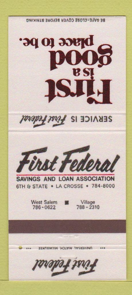 Matchbook Cover - First Federal Savings and Loan La Crosse WI 30 Strike ...