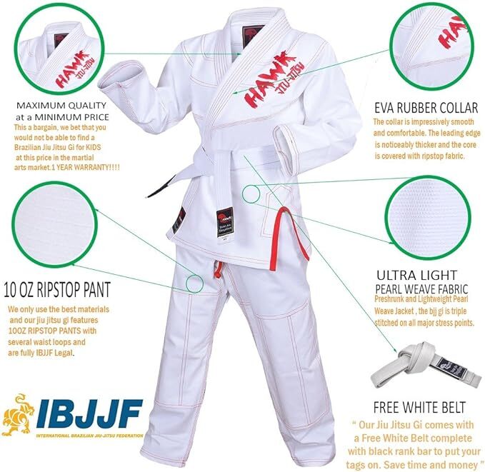 Hawk Jiu Jitsu Children BJJ Gi Grappling Kimonos w/White Belt, K00 ...