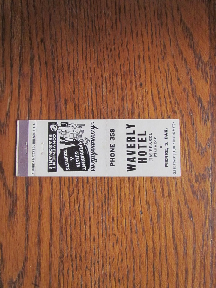 LOW PHONE # 358 MATCHBOOK COVER: WAVERLY HOTEL PIERRE, SD 1950s ...