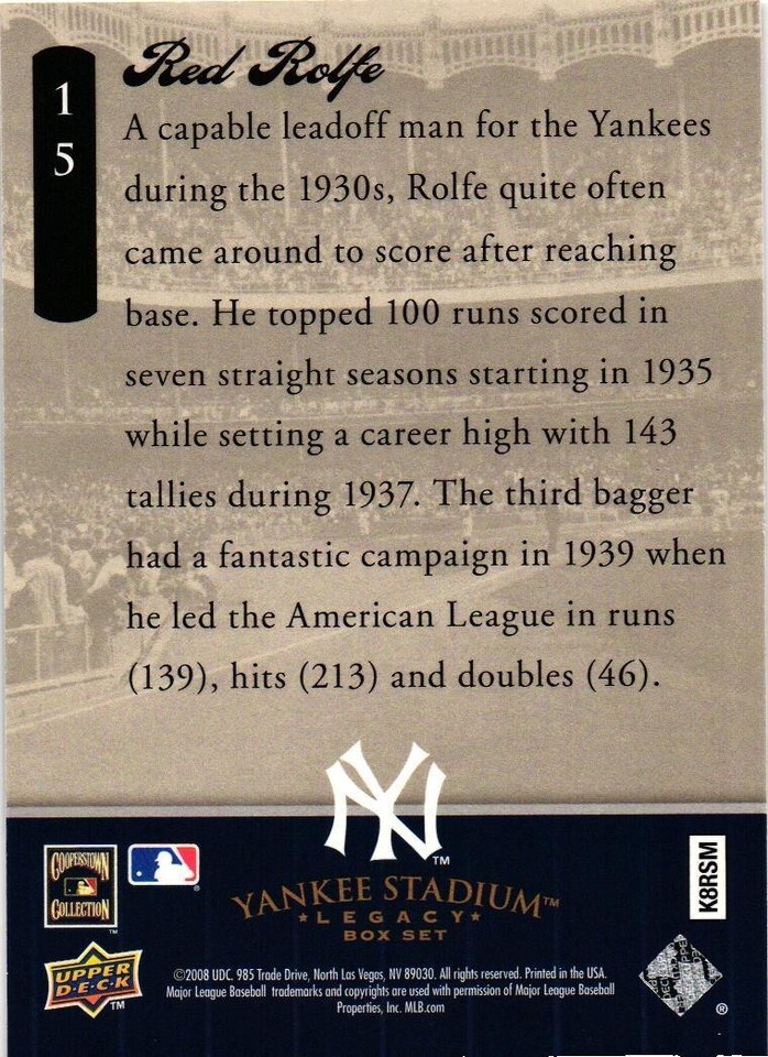 Red Rolfe New York Yankees 2008 Upper Deck Baseball Trading Card | eBay