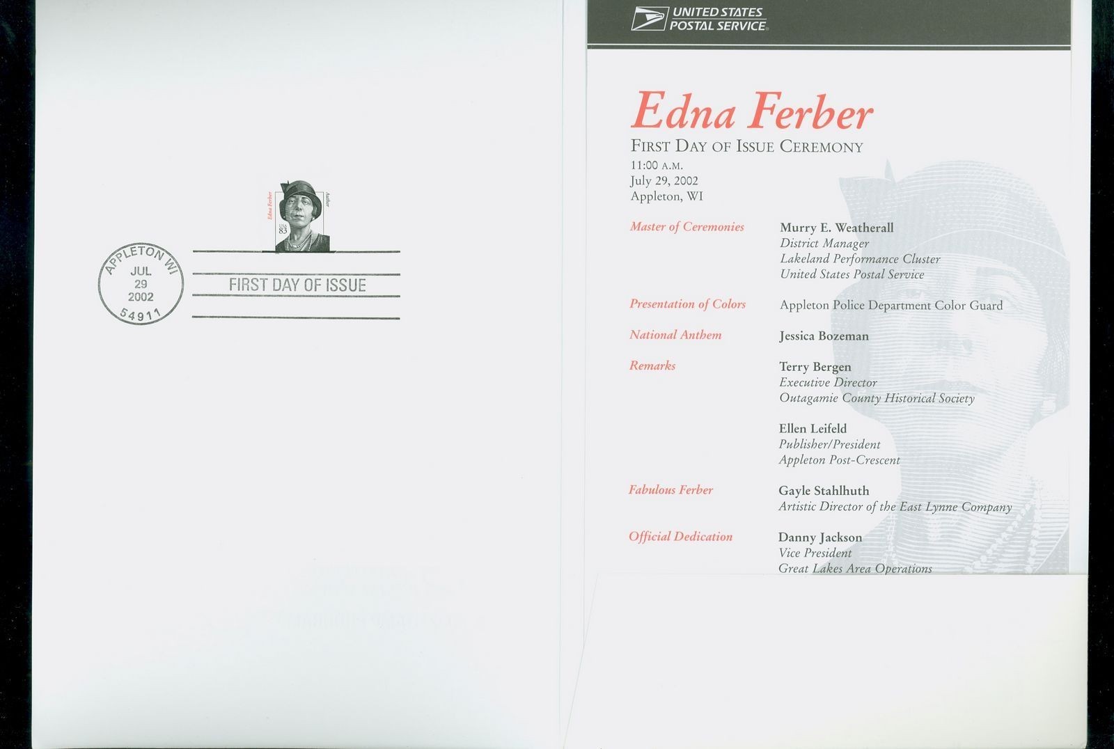 USA #3433 2002 83c Edna Ferber Stamp First Day Ceremony Program | eBay