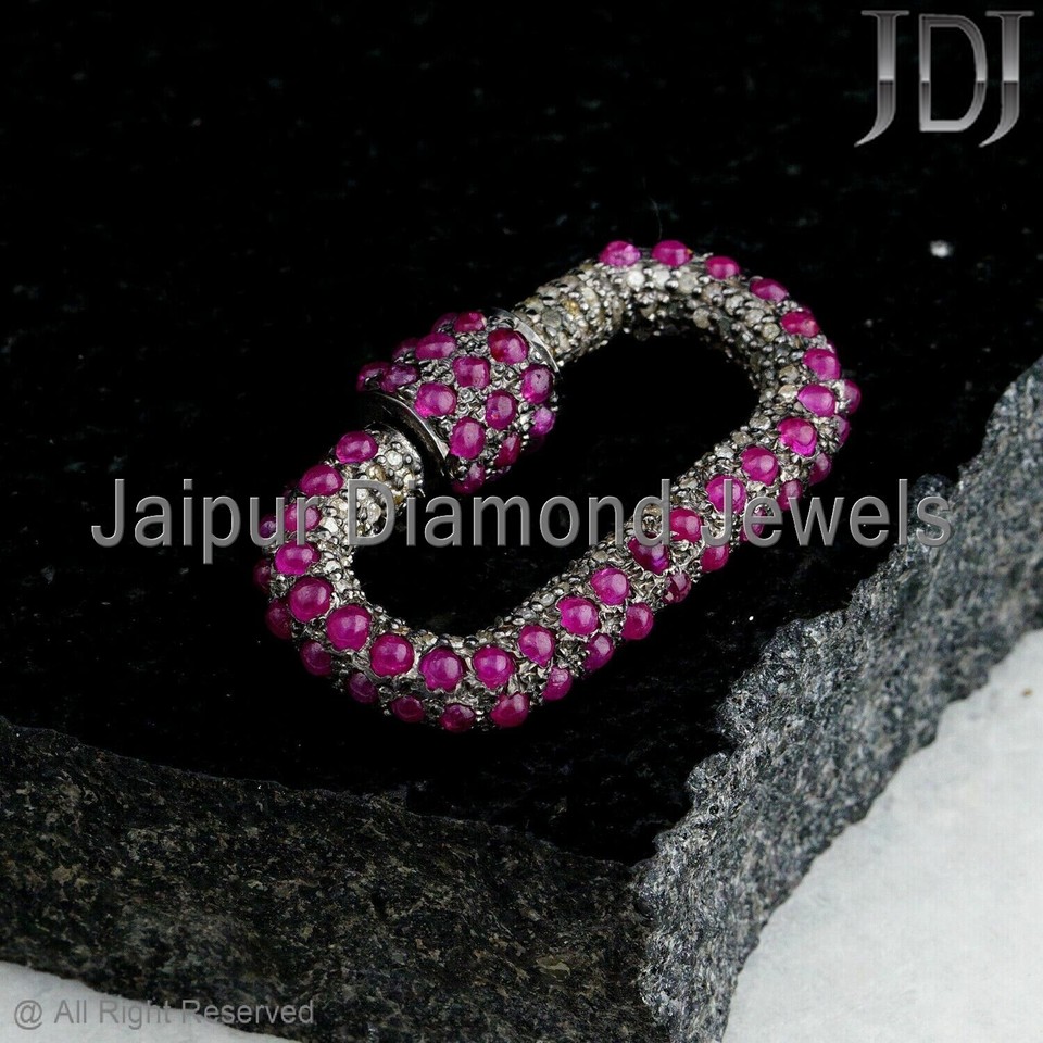 Natural Pave Diamond Ruby Gemstone Carabiner Lock 925 Silver Jewelry ...