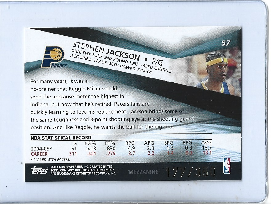 Stephen Jackson-Pacers-2005-06 Topps Luxury Box Mezzanine #57 (177/350 ...