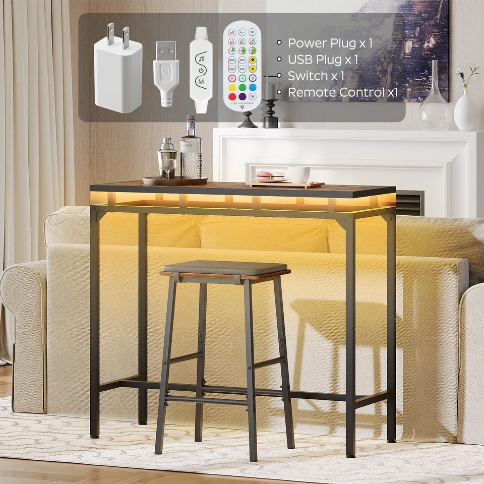 Bar Table with LED Lights, Counter Height Bar Height Table, Pub Gaming ...