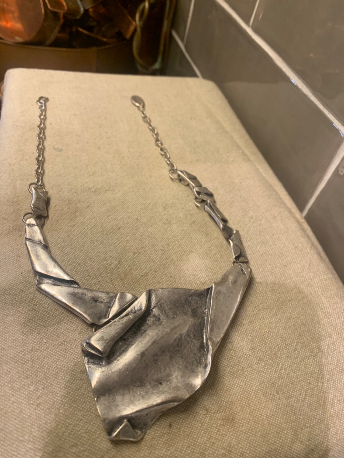 vtg wrinkled paper pewter necklace avant-garde statem… - Gem