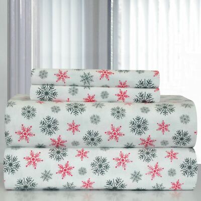 Twin XL Full Queen Cal King Bed Red Green Snowflake 4pc Cotton Flannel ...