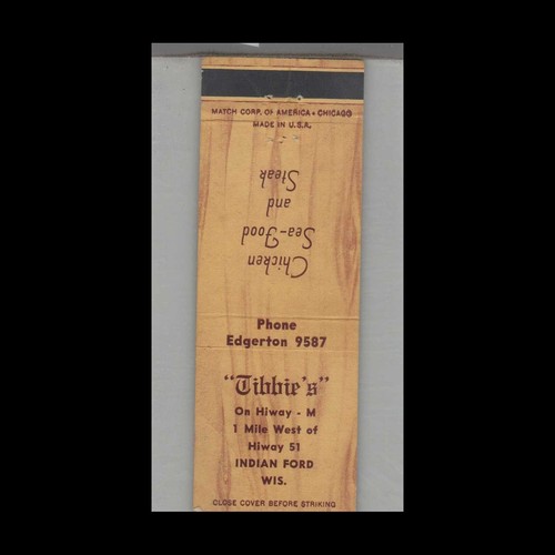 Matchbook Cover Tibbie's Restaurant Indian Ford, WI | eBay