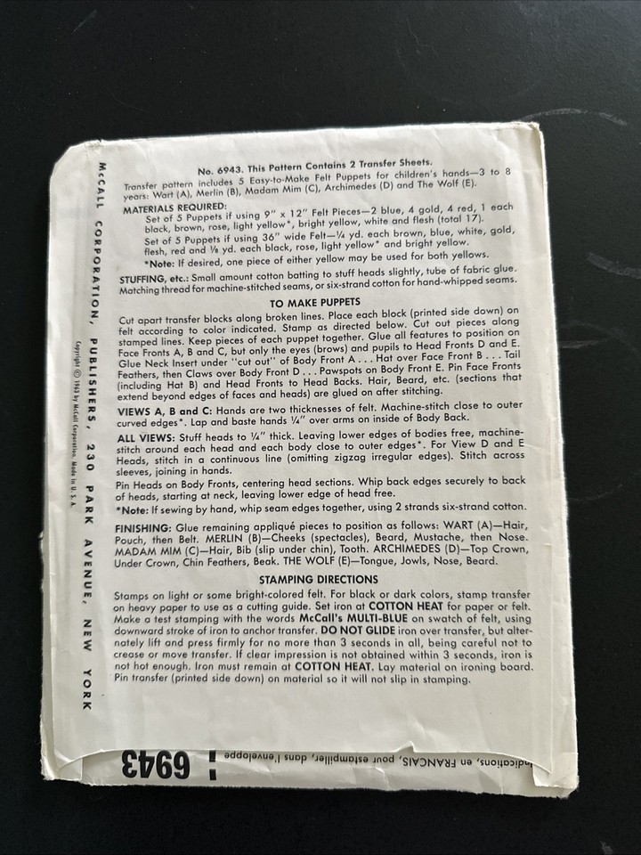 DISNEY Hand Puppet Pattern Sword and the Stone Toy McCall's 6943 VTG ...