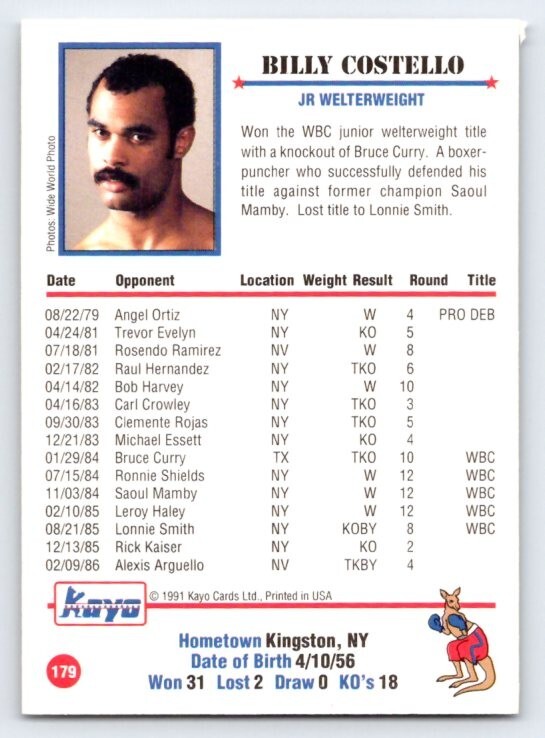 BILLY COSTELLO BOXER ALL TIME GREAT Kayo Boxing Trading Card 1991 B179 ...