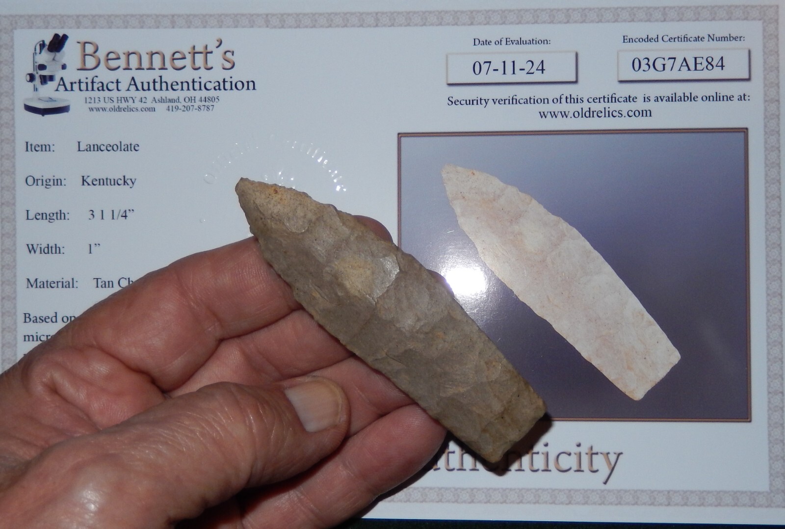 VERY NICE KENTUCKY FOUND PALEO LANCEOLATE w/ JIM BENNETT COA C840 | eBay