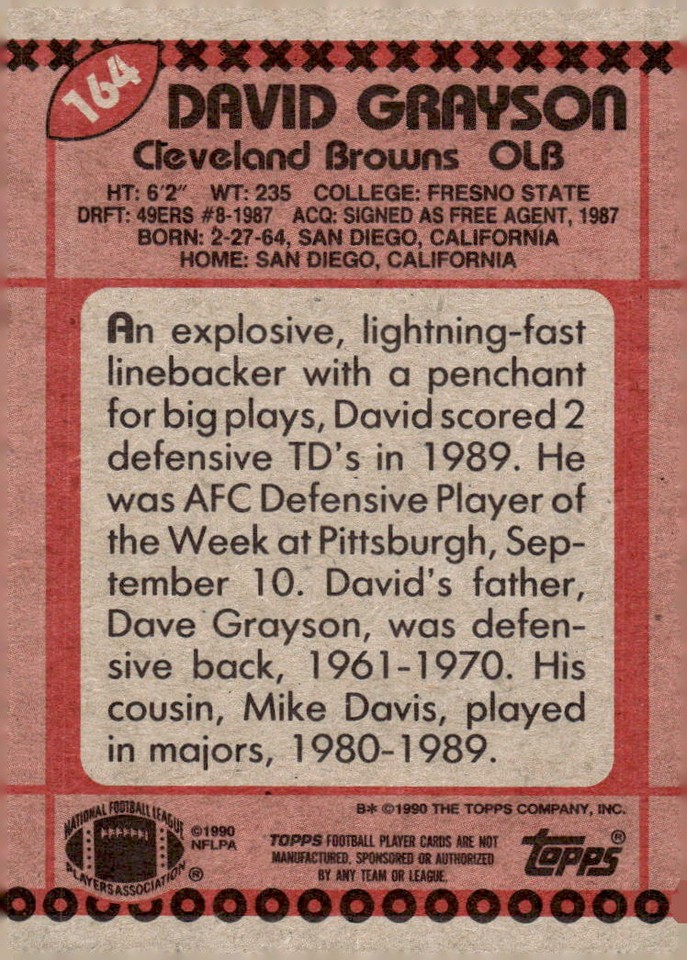 1990 Topps #164a David Grayson - Cleveland Browns | eBay