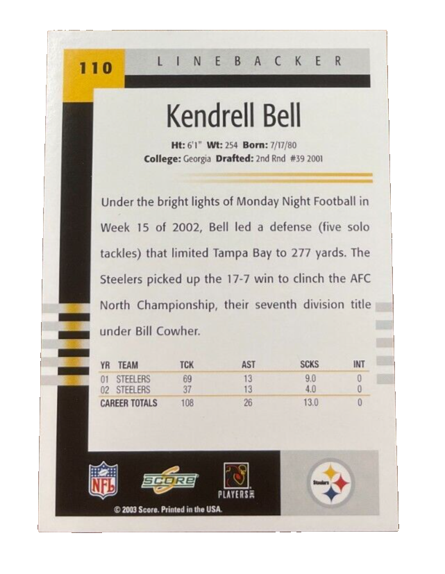 2003 SCORE CARD # 110 Kendrell Bell - Pittsburgh Steelers | eBay