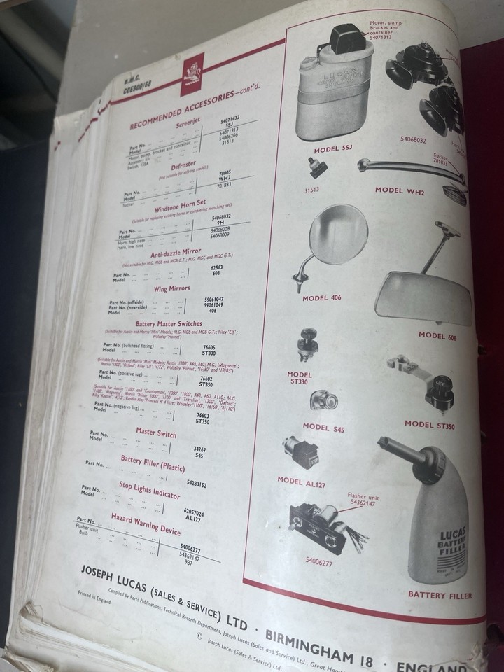 Lucas CAV Equipment & Service parts book BMC 1968 Austin, MG, Riley ...