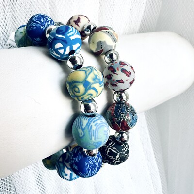 Viva Beads Chunky Silver Clay Handmade Set Of Two Stretchy Bracelets ...