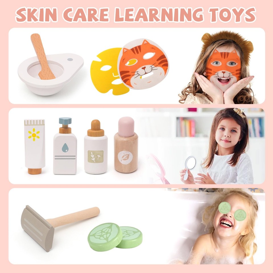 HAPGFS Wooden Makeup Set Kids Pretend Beauty Salon Toys Skin Care ...
