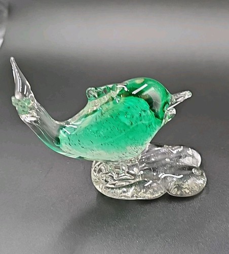 Hand Blown Art Glass Dolphin Fish Figurine Clear Green On Shell Base ...
