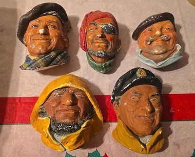 5 x Vintage Chalkware Bossons Wall Hanging Heads Fisherman, Pirate ...