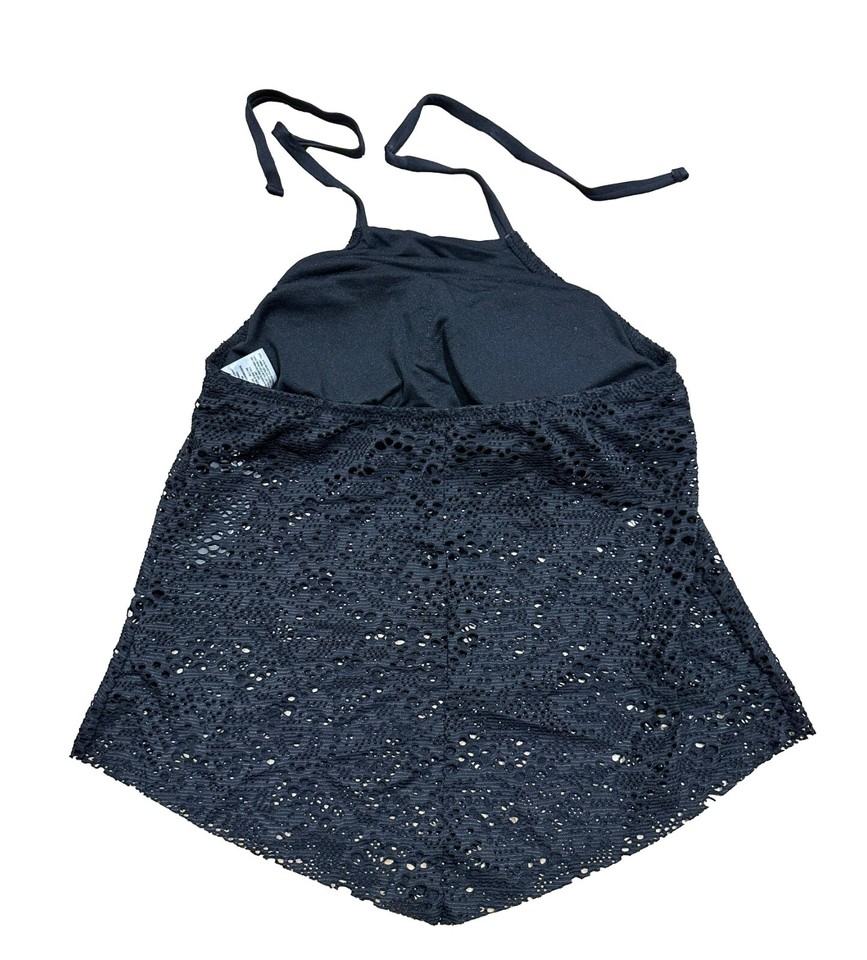 Mossimo Swim Halter Tankini Top Black Crochet Eyelet Lace Women's Size ...