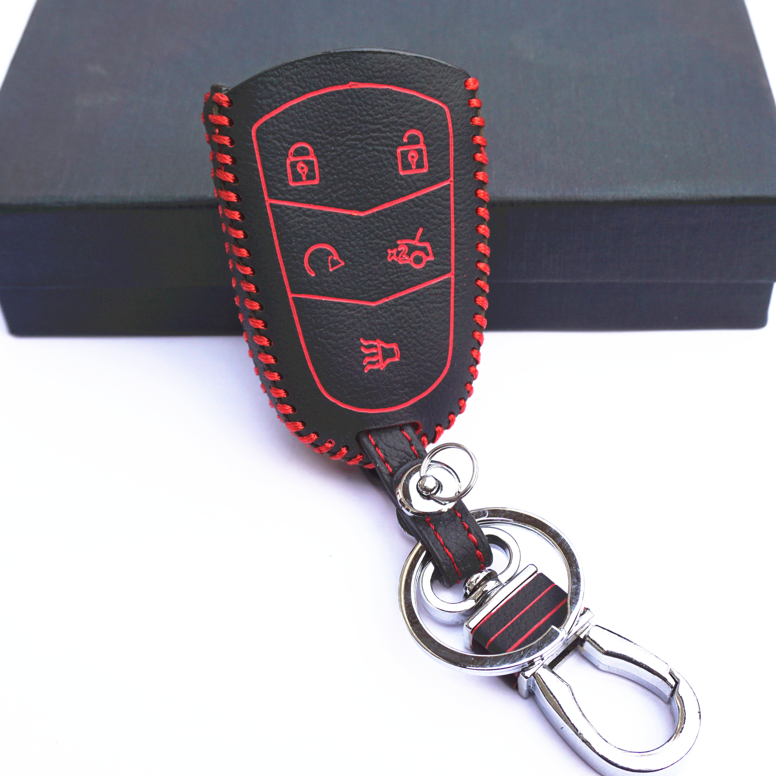 For Cadillac ATS XTS 5 Buttons Key Fob Bag Cover Leather Case Chain ...