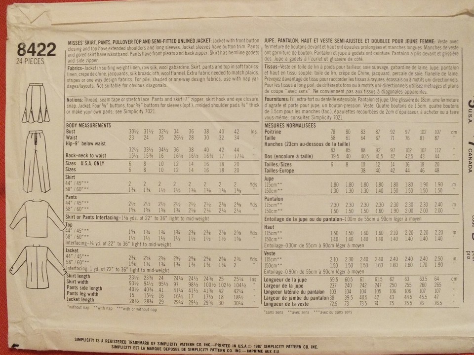 OOP SIMPLICITY 8422 Gored Skirt Pants Top & Unlined Jacket PATTERN 10 ...
