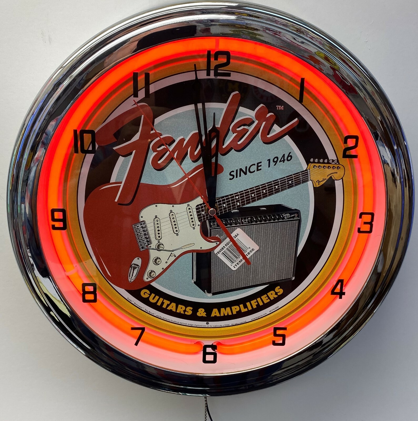 16" FENDER GUITAR Metal Sign Red Neon Wall Clock Amplifier Music