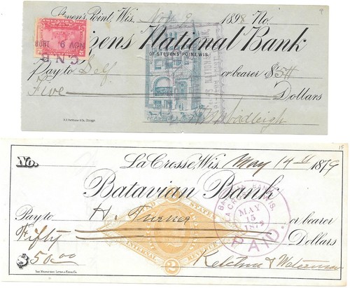 2 Checks, w/ Revenue Stamps - Stevens Point, La Crosse, Wisconsin 1879 ...