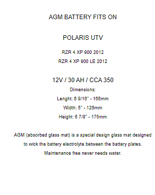 AGM Battery for Polaris RZR 4 XP 900 2012 / 4011224 4014609 Battery 12V ...