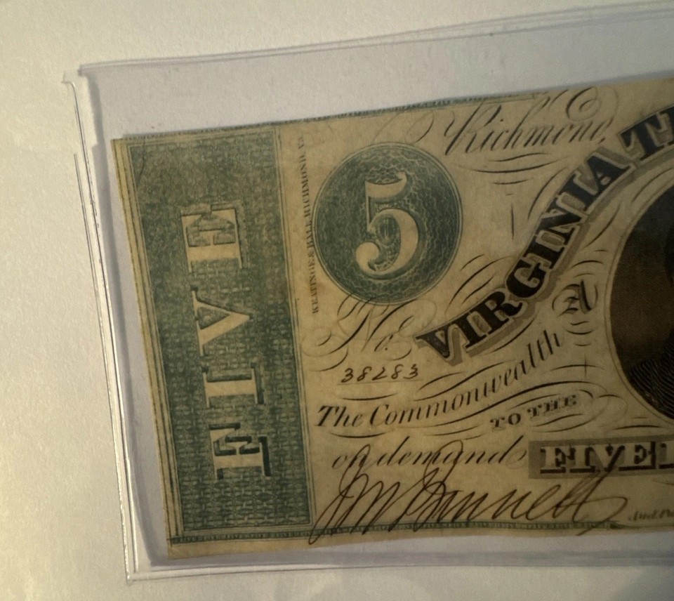 1862 US Virginia Treasury Five $$$ Note Obsolete Confederate Currency ...