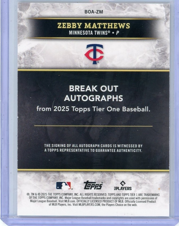 2025 TIER ONE BASEBALL ROOKIE BREAK OUT AUTOGRAPHS #081/299 TWINS Zebby ...