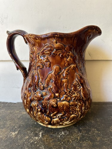 large Antique Bennington Hunting Scene Jug Pitcher Rockingham Glaze ...