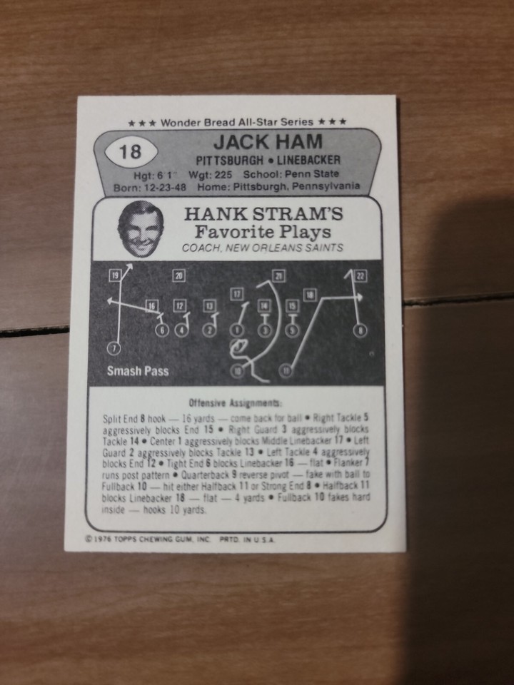 1976 Topps Wonder Bread All-Star Series Jack Ham #18 Pittsburgh ...