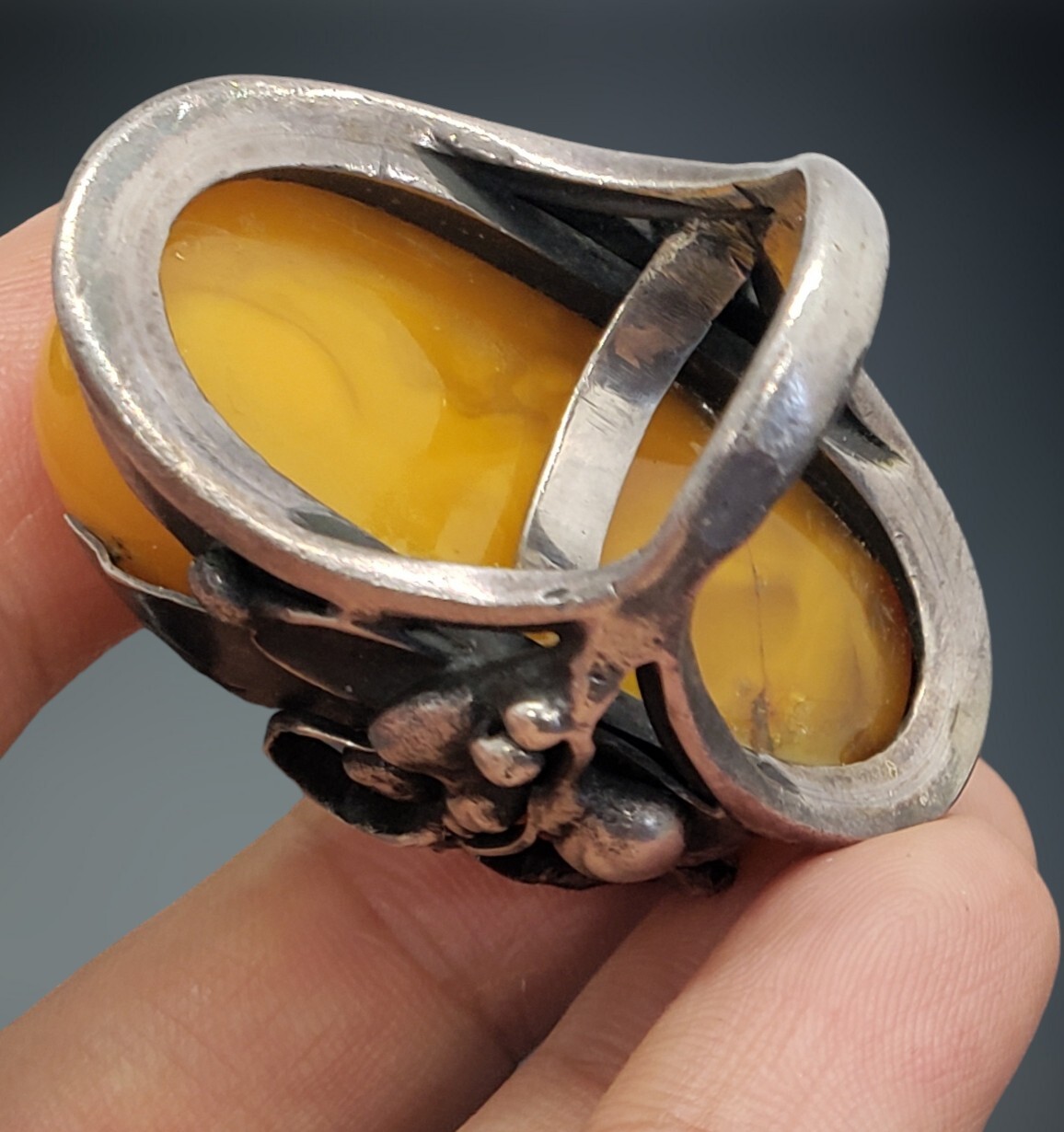 Huge 925 Sterling Silver Arts And Craft Baltic Amber Ring Butterscotch ...