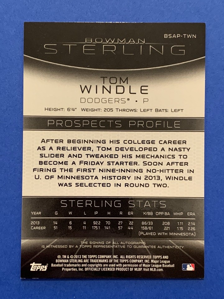 TOM WINDLE Signed 2013 Bowman Sterling MINNESOTA GOLDEN GOPHERS ...
