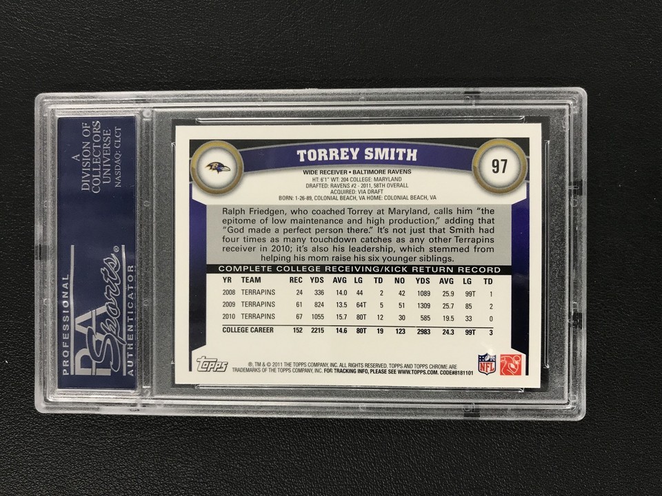 PSA 10 2011 Topps Chrome #97 Torrey Smith Baltimore Ravens RC GEM MINT ...