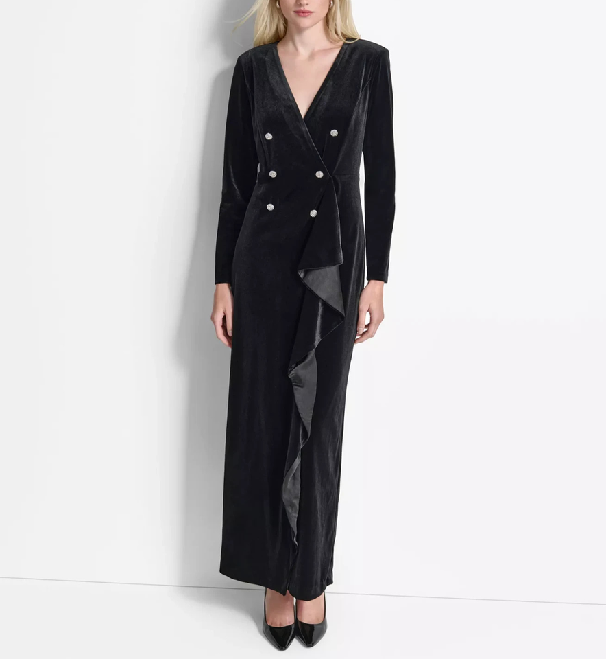 DKNY Velvet Button-Trim Long-Sleeve Blazer Gown MSRP $229 Size 14 # 10A ...