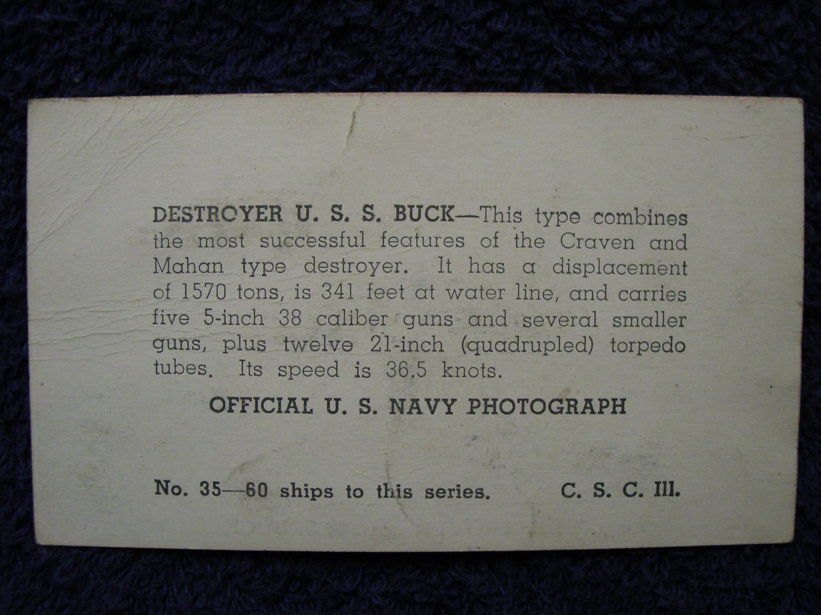 Rare 1942 USS BUCK DD420 Destroyer Cameron Sales TRADING CARD US Navy ...