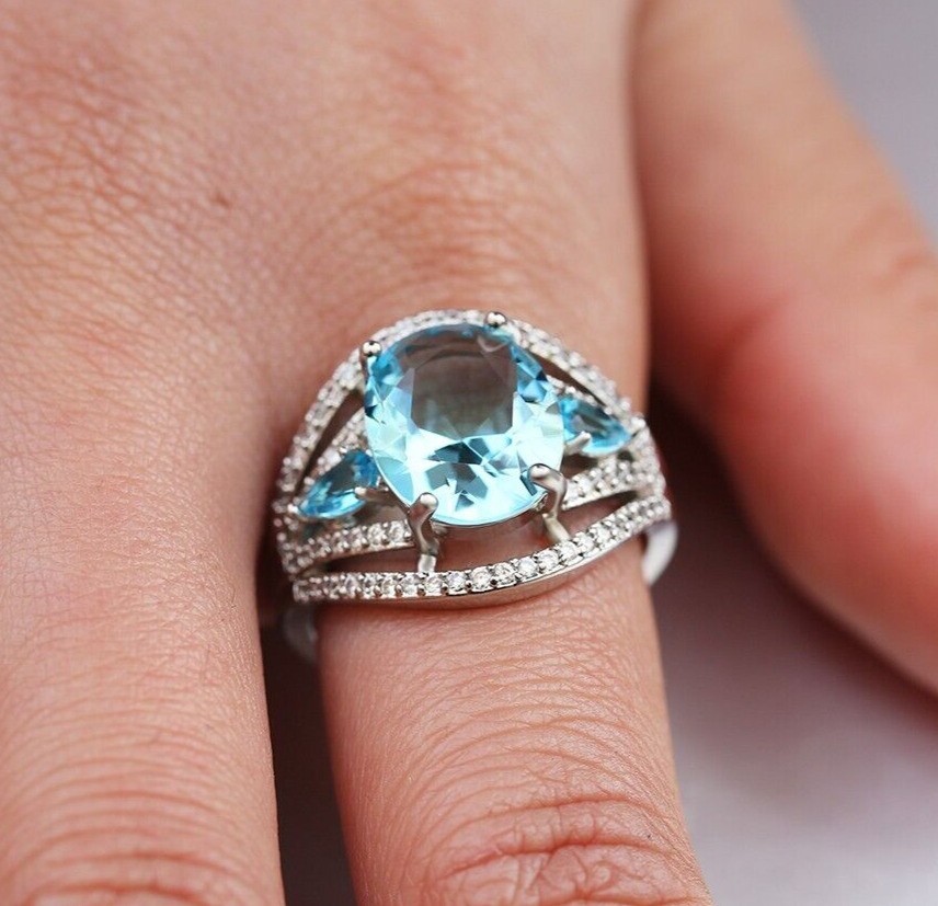 Three-Stone Engagement Ring 2.20Ct Oval Lab-Created Blue Topaz 14K ...