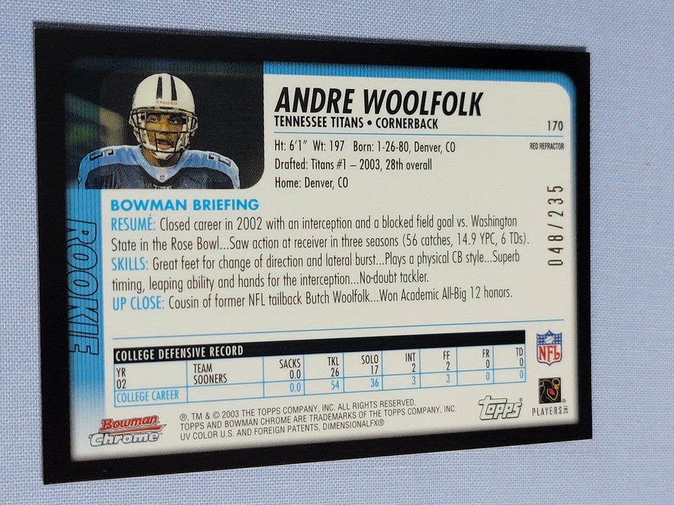 2003 Bowman Chrome Andre Woolfolk /235 Red Refractor Parallel Rookie ...