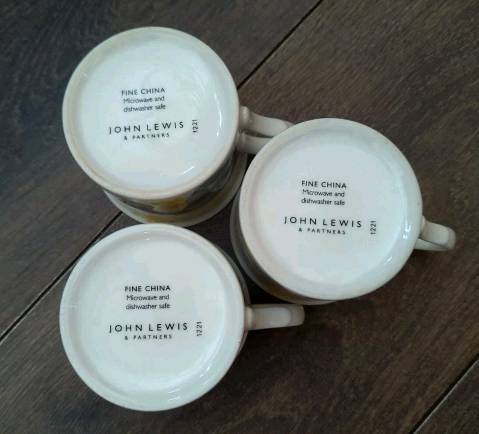 Set of 3x John Lewis Fine China Tea Coffee Mugs White Grey Yellow ...