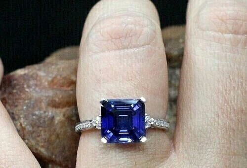2CT Asscher Cut Lab Created Sapphire Engagement Ring 14K White Gold ...