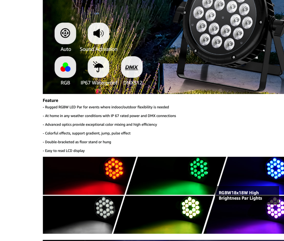 DMX Stage Lights RGBW 4in1 LED Par Light Super Bright 18X18W IP67 ...