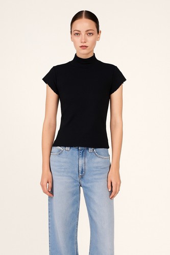 Zara Black Mock Neck Short Sleeve Top Small Raw Edge Minimalist Chic ...