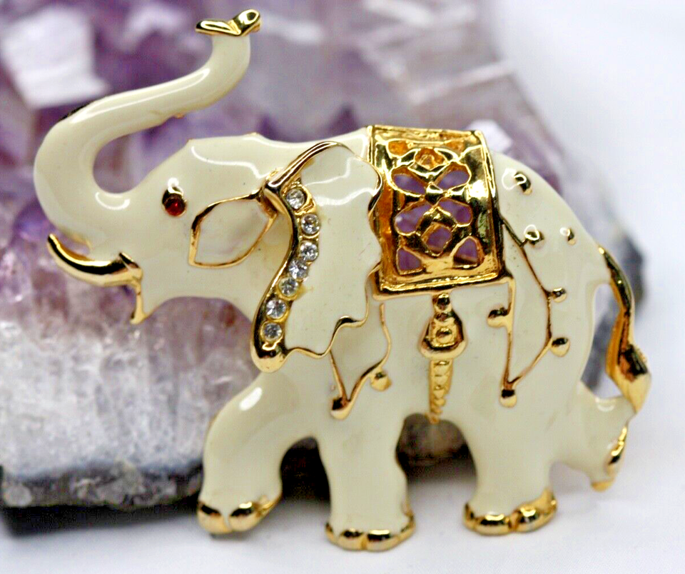 White Enamel & Gold Tone Rhinestone Elephant Brooch Ear Trembler Pin | eBay