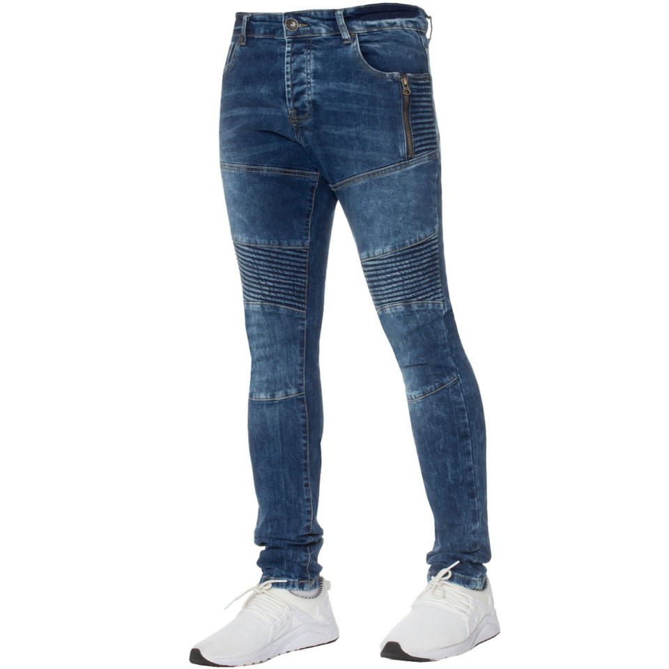 Enzo Mens Biker Jeans Slim Fit Stretch Denim Trouser Ripped Skinny Pant ...