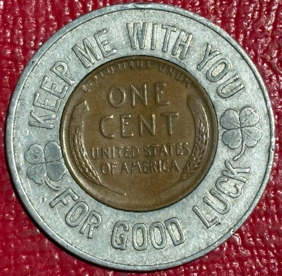 ENCASED COIN XF/AU 1949 D LINCOLN CENT-IRON CITY BEER GOOD LUCK-JUN505 ...