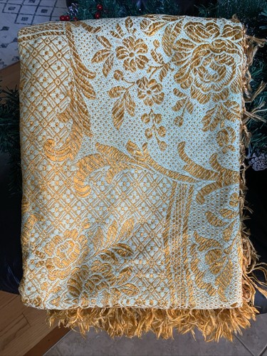 Vtg Made in Italy Tablecloth Piano Throw Silk On Cotton Embroidery Gold ...