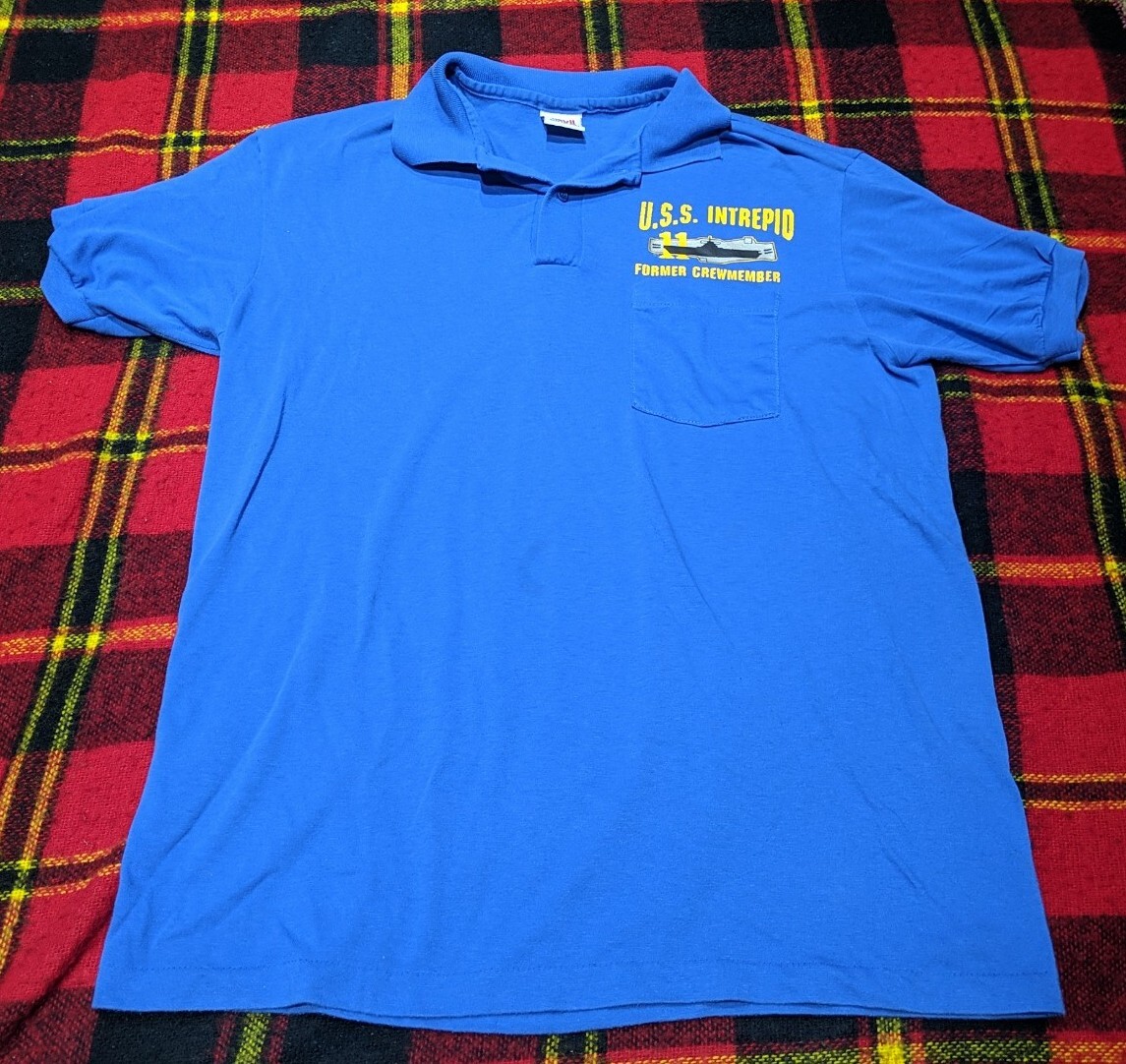 Vintage USS Intrepid US Navy Polo Shirt Blue Sz L USA - Gem