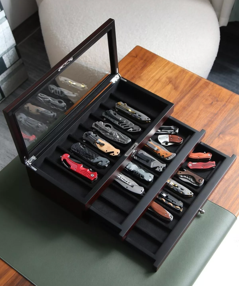 Knife Display Case 24+ Wood Ebony Pocket Knives Holder EDC Storage ...